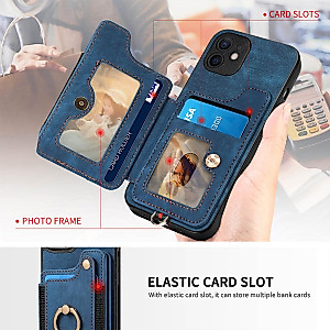 JanCalm for iPhone 12 Cases Wallet Card Holder 2023,Ring Holder Stand,RFID-Blocking,Wrist Strap,Camera Lens Protector,Leather Magnetic Protective Flip Cover for iPhone Case 12 (6.1", Blue)