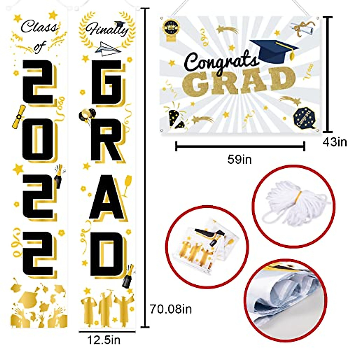 3PCS Graduation 2022 Decorations - Class of 2022 Graduation Banner Porch Signs for School College Congrats Grad Backdrop Graduation Party Supplies Hanging Door Wall Decorations Outdoor