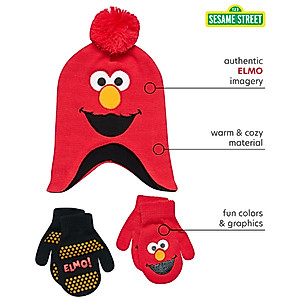 Sesame Street Elmo Hat and 2 Pair Mittens Cold Weather Set, Toddler Boys Age 2-4