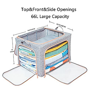 Tasmegol 4 Pack Stackable Steel Metal Frame Clothes Storage Bins Foldable Zipper Cloth Box Clothing Bags Large Clear Window Closet Containers Organizer for Bedding Sweater