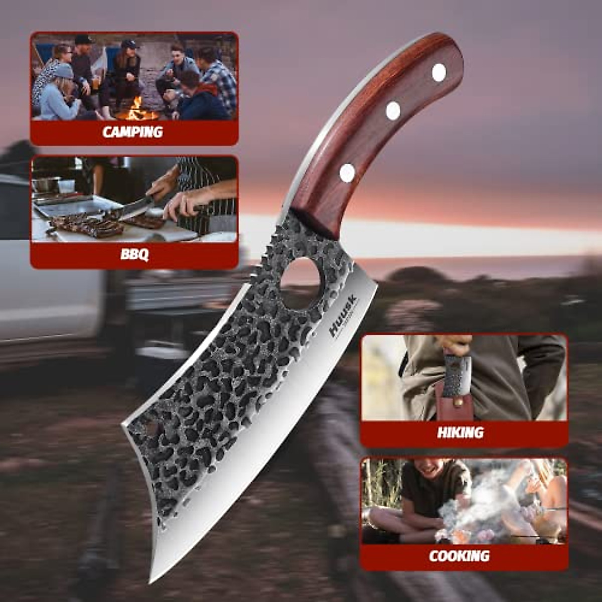 Huusk Chef Knife Set Hand Forged Japanese Kitchen Knife with Sheath Outdoor Cooking Camping Knife Set