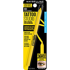 MAYBELLINE New York Tattoo Studio Long-Lasting Sharpenable Eyeliner Pencil, Glide on Smooth Gel Pigments with 36 Hour Wear, Waterproof Citrus Charge 0.04 oz