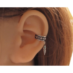 925 Sterling Silver SINGLE - For ONE Ear - Triple/Wide Band Feather Stone Ear Cuff for Non-Pierced Ear for Women | Handmade by MiYa Jewelry Creations (Wide Band and Feather)