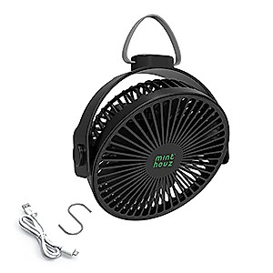 Minthouz Portable Camping Fan, 4000mAh Rechargeable Battery Operated Fan with Hook, 4-Speed USB Fan with Hanging Rope, 360° Adjustable Personal Fan for Desktop Tent Treadmill RV Golf Cart