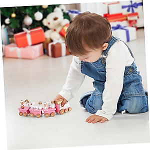 NUOBESTY Christmas Wooden Train Ornament with Snowman and Bear Mini Train Rail Toy Set for Kids Christmas Party Kindergarten Decoration, Pink