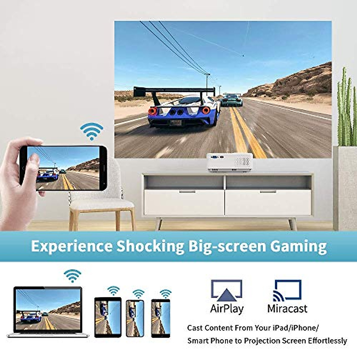 WIKISH Mini Portable Wireless Wifi Projector Bluetooth Led Outdoor Movie Hd Home Theater Video Mirror Projector for iPhone Android Gaming Ps4 Hdmi Usb