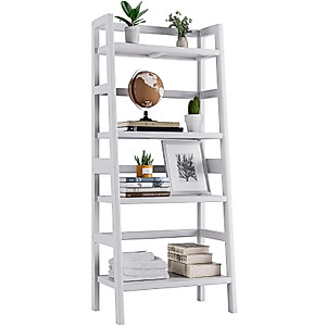 HITNET White Ladder Bookshelf, Leaning Bookcase, 4-Tier Bamboo Shelf, Floor Standing Storage Shelving Unit, Open Display Book Shelves