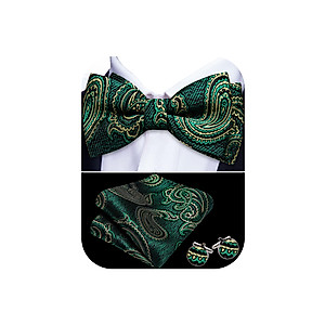 YOHOWA Men Bow Tie Set Paisley Green Gold Silk Pre-Tied Bowtie Shamrock Day Pocket Square Cufflinks Formal Wedding Party Prom