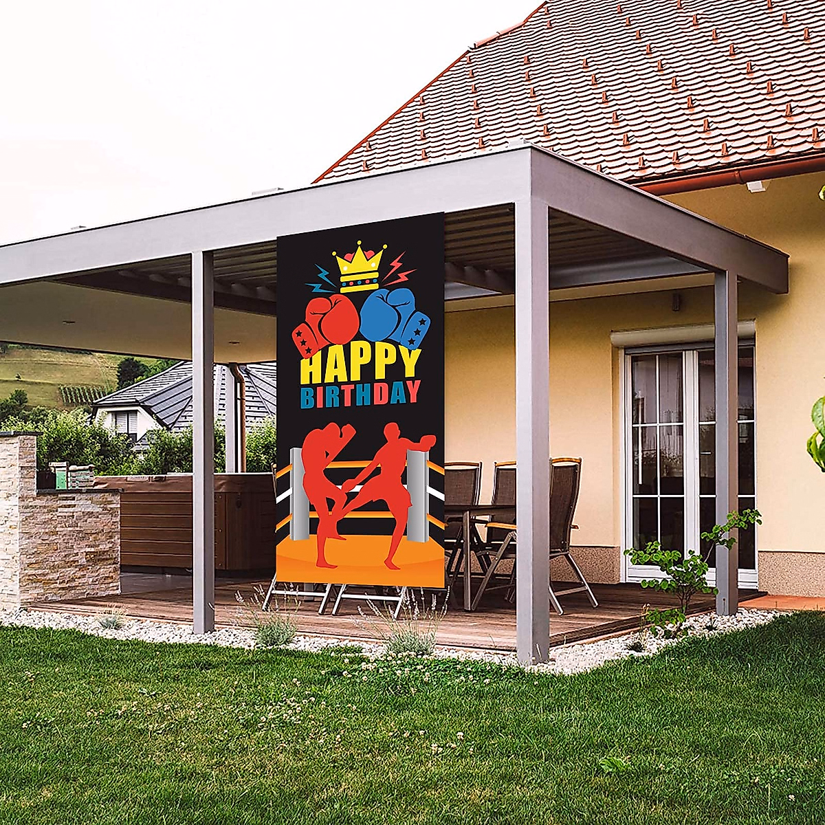 Boxing Happy Birthday Banner Backdrop Background Photo Booth Props Kit Boxing Match Sports Wrestle Fitness Boxing Glove Theme Decor for Home Gym Boy Man 1st Birthday Party Favors Supplies Decorations