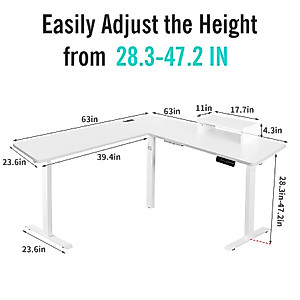UNICOO L-Shaped Triple Motor Electric Height Adjustable Standing Desk - Gaming & Home Office Corner Desk, with Easy Touch Control & Solid Steel Construction (White Top/White Frame - XOT-L3E-WW)