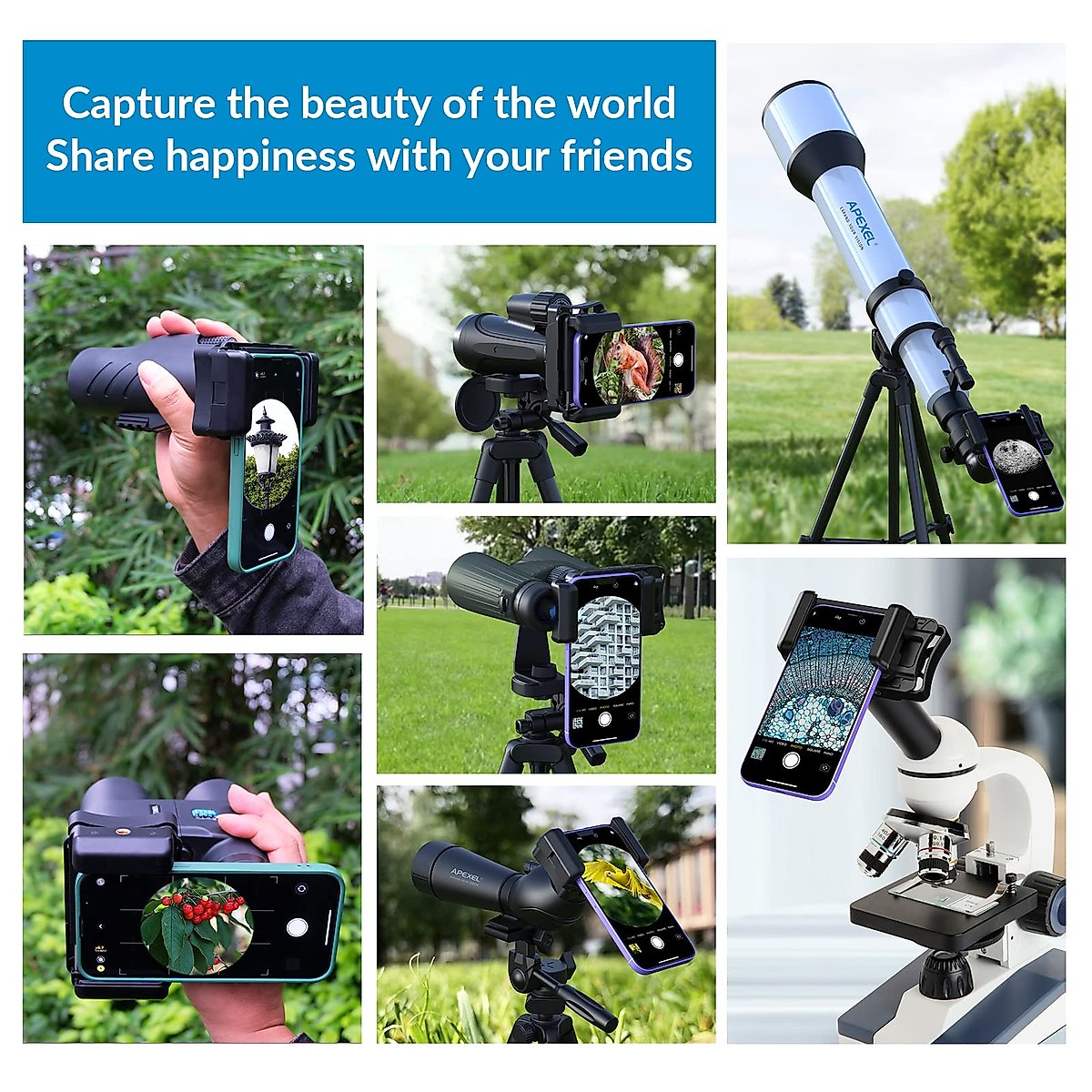APEXEL Telescope Phone Adapter, Binocular Photo Adapter for Android & iPhone, Phone Holder Mount for Telescope, Monocular, Binocular, Microscope, Spotting Scope. (Including Bluetooth Shutter Remote)
