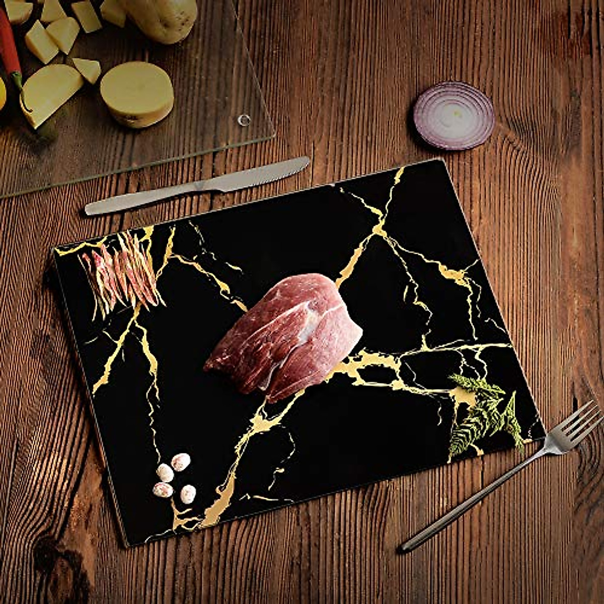 VASUHOME Tempered Glass Cutting Board Set of 2-16x12 inch Marble Pattern Chopping Board for Kitchen - Scratch, Heat, Shatter Resistant and Easy to Clean- Black(Gold) and Clear