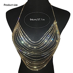 Ludress Crystal Layered Body Chain Gold Rhinestone Chest Chain Sparkly Tops Bra Chains Tassel Bikini Chain Rave Party Body Jewelry for Women and Girls