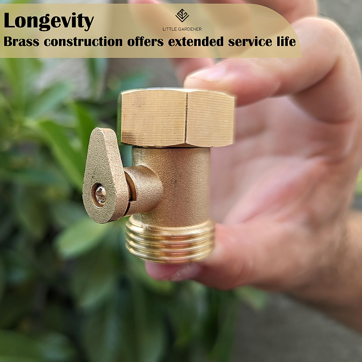Little Gardener Hose Shut Off Valve - GHT 3/4 Inch Brass Garden Hose Valve - Heavy Duty Water Fittings to Connect to Outside Hose Bib - Shutoff Connector and Adapter for Outdoor Faucet Use On Off