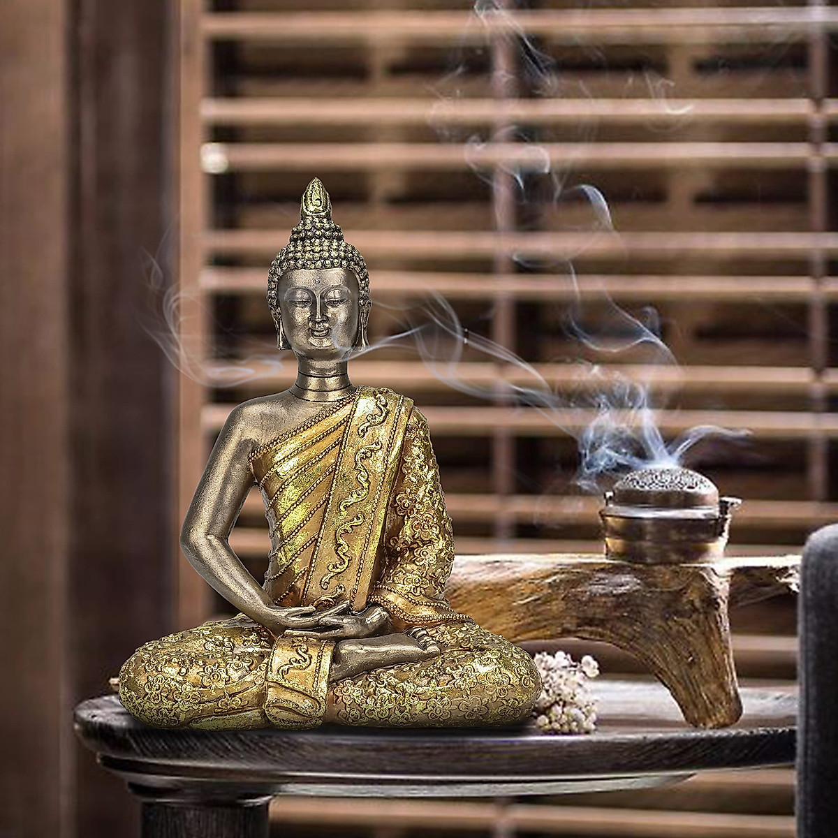 TERESA'S COLLECTIONS Antique Gold Buddha Statue Zen Decor, Small Meditation Decor Resin Decorative Yoga Collectible Figurines for Indoor Home Desk Tabletop Spiritual Living Room Decorations, 9.1"