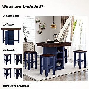 Merax 5 Pieces Dining Table Set, Farmhouse Wood Counter Height Dining Set, Kitchen Table with 3-Tier Adjustable Storage Shelves, Wine Racks and 4 Stools (Brown and Blue)