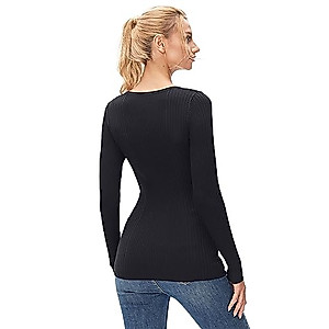 AmélieBoutik Women Notch V Neck Lace Up Long Sleeve Ribbed Sweater (Black Large)