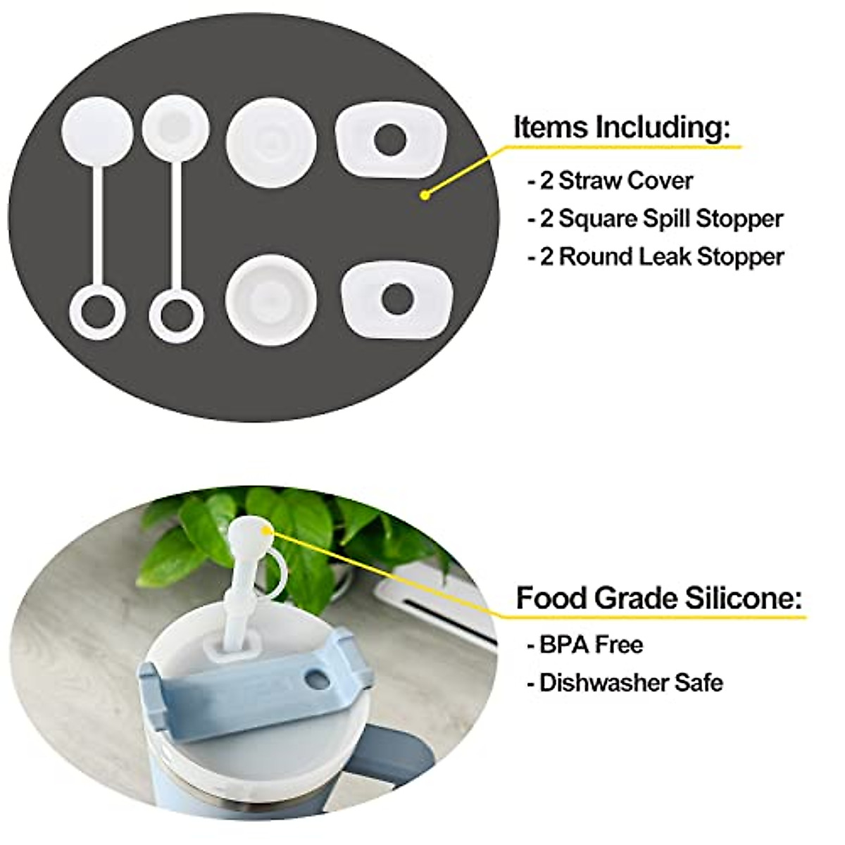 HOMDSG Silicone Spill Proof Stopper Set of 3, Compatible with Stanley Cup 1.0 40oz/ 30oz, Tumbler Accessories, Including 2 Straw Cover Cap, 2 Square Spill Stopper and 2 Round Leak Stopper