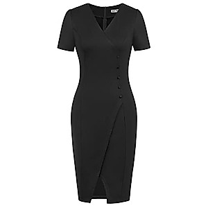 Women Pencil Dress Puff Short Sleeve Wrapped Slit V Neck Evening Night Sexy Dress Black L