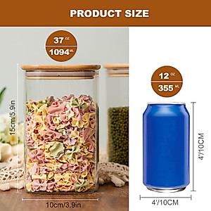 Glass Food Storage Jars 37 oz Set of 6,Glass Storage Containers Clear Glass Food Canister with Bamboo Lid Airtight For Serving Tea, Coffee, Flour, Sugar, Candy, Cookie, Spice and More (Square)