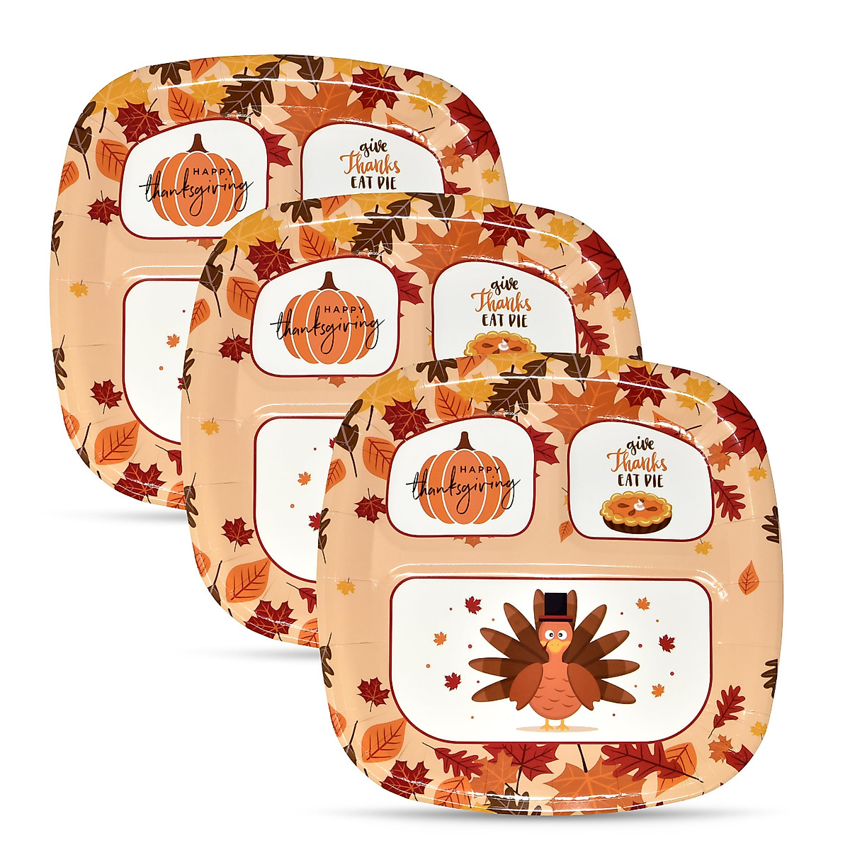 Gift Boutique 24 Pack Thanksgiving Divided Dinner Plate 9 inch Square 3 Section Plates for Fall Autumn Harvest Party Supply Disposable Paper Dinner Table Decorations with Turkey Pumpkin Leaf Design