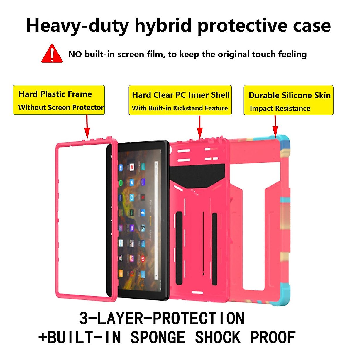 UUcovers Kindle Fire HD 10 & 10 Plus Tablet Case (Only Fits 11th Generation, 2021 Release) with Kickstand Shockproof 3 in 1 Heavy Duty Rugged Hybrid Hard PC & Soft Silicone Cover, Rainbow & Rose Red