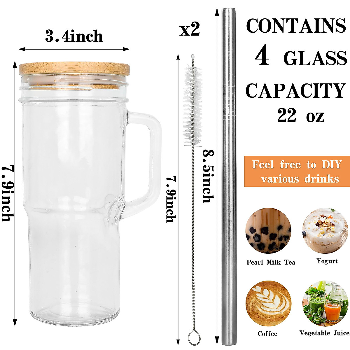 Ensccant 4Pack Glass Tumbler Cups with handle, 22oz Reusable Iced Coffee Cup with Bamboo Lid and Straw - Mason Jar Drinking Glasses for Cocktail, Beer, Smoothie Boba Tea, Juice - Non-slip Cup