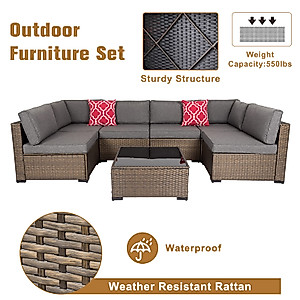 JSUN7 7 Pieces Patio Couch Outdoor Furniture Sets PE Golden Brown Rattan Sectional Conversation Sofa Set Washable Cushions with Glass Coffee Table(Dark Gray)