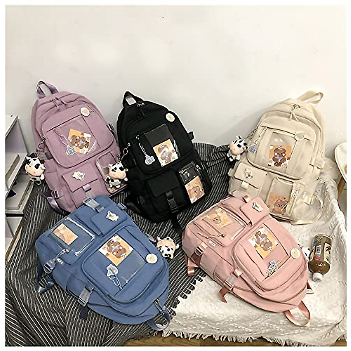 GGOOB Kawaii Backpack with Pins School Cute Aesthetic for (Black,With Accessories)