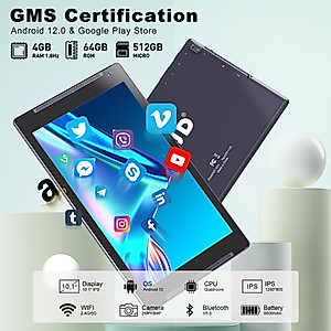 TJD Android 12 Tablets,10.1 inch Tablet PC, 4GB RAM 64GB ROM 512GB MicroSD, FHD IPS Display, Dual Camera, Double Stereo Speakers, Wi-Fi5.0/2.4, Bluetooth5.0, (Gray)