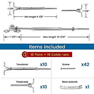 Muzata 10Pairs Cable Railing Kit 1/8" Swage Toggle Turnbuckle Hardware T316 Stainless Steel for Wood Post WoodEasy System Angle 180° Adjustable Stairs Deck 10 Cable Lines CK07 NN1,CA4 CA5…