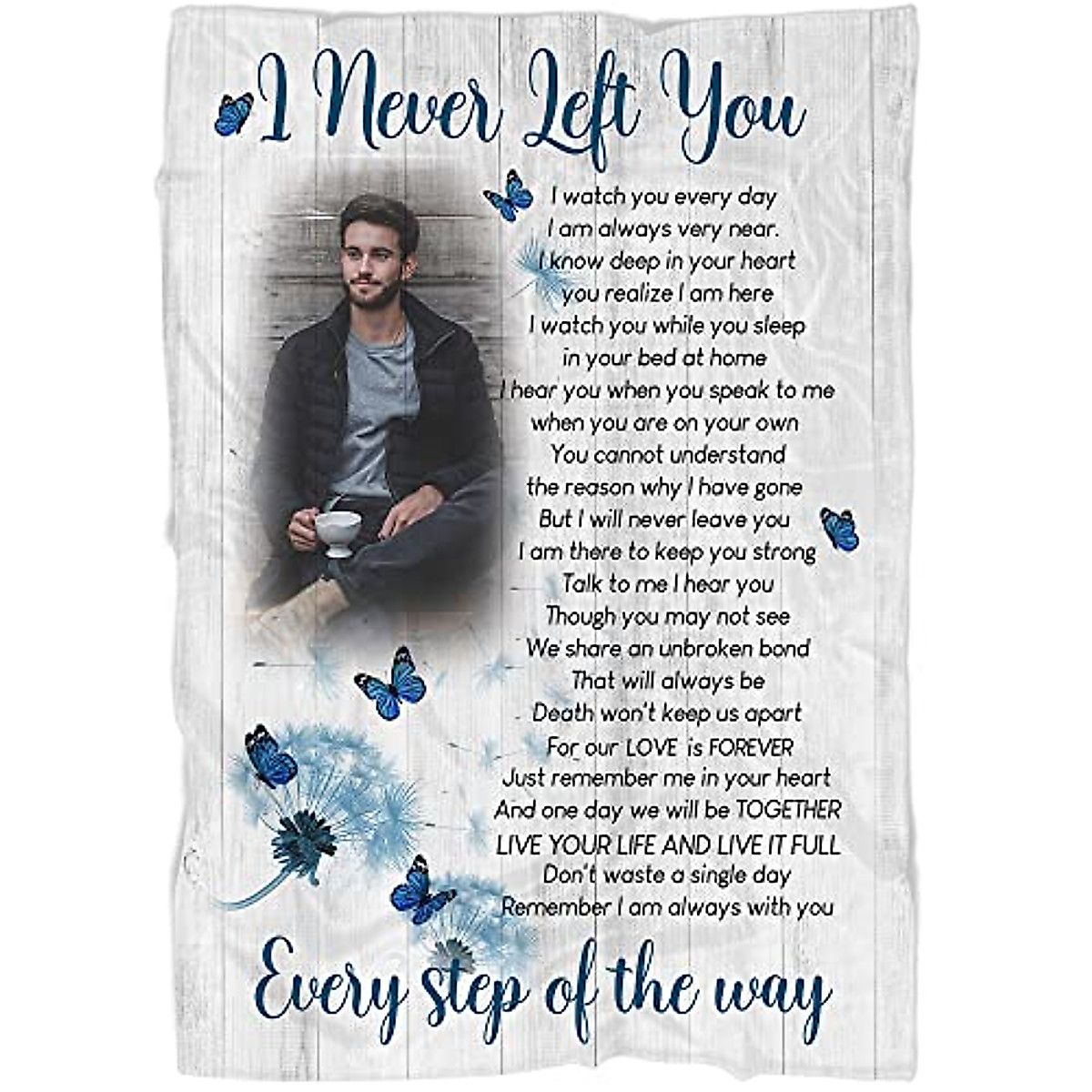 Personalized Memorial Blanket| I Never Left You Blue | Remembrance Blanket, Memorial Gift, Sympathy Blanket for Loss of Father, Mother, Husband in Heaven, in Loving Memory| T1057 (60x80 inch)