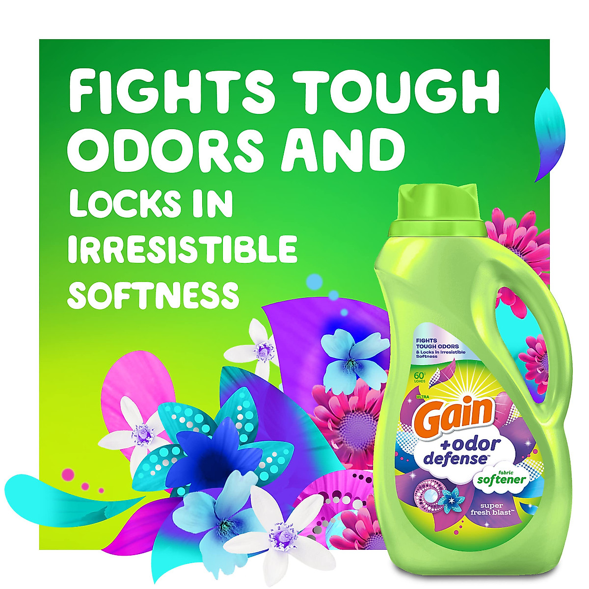 Gain + Odor Defense Laundry Fabric Softener Liquid, Super Fresh Blast Scent, Pack Of 4 (48 Loads Ea, 192 Total), He Compatible