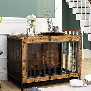 Lamerge Wooden Dog Crate Furniture for Large Dog, Heavy Duty Dog Crate End Table with Pull-Out Tray, 3-Door Dog Kennel, Indoor Pet Furniture, 44.3" L x 28.7" W x 31.9" H, Brown