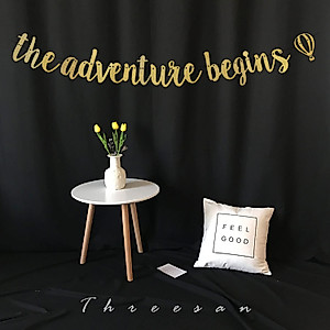 QWLQIAO The Adventure Begins Gold Glitter Banner-Birthday Graduation Retirement Farewell Adventure Party Decor, Job Change,Graduation Party Decorations Supplies