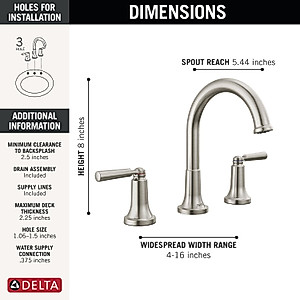 Delta Faucet Saylor Widespread Bathroom Faucet 3 Hole, Brushed Nickel Bathroom Faucet for Bathroom Sink, Bathroom Sink Faucet, Diamond Seal Technology, Metal Drain Assembly, Stainless 3535-SSMPU-DST