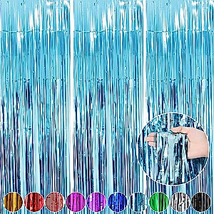 3 Pack 3.3x8.2 Feet Light Blue Fringe Curtains Party Decorations,Tinsel Backdrop Curtains Birthday Decorations, Baby Shower, Disco Party, Wedding, Graduation