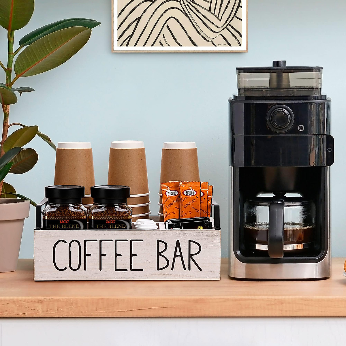 Coffee Station Organizer – Wooden Coffee bar Organizer for Kitchen Counter – Large Storage of 4 Compartments with Handles Perfect for Workplace, Meetings, Gatherings and Parties