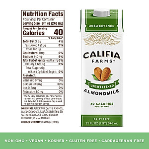 Califia Farms - Unsweetened Almond Milk, 32 Oz (Pack of 6), Dairy Free, Vegan, Plant Based, Keto Food, Shelf Stable, Vegan, Gluten Free, Non GMO, Sugar Free, High Calcium, Smoothie