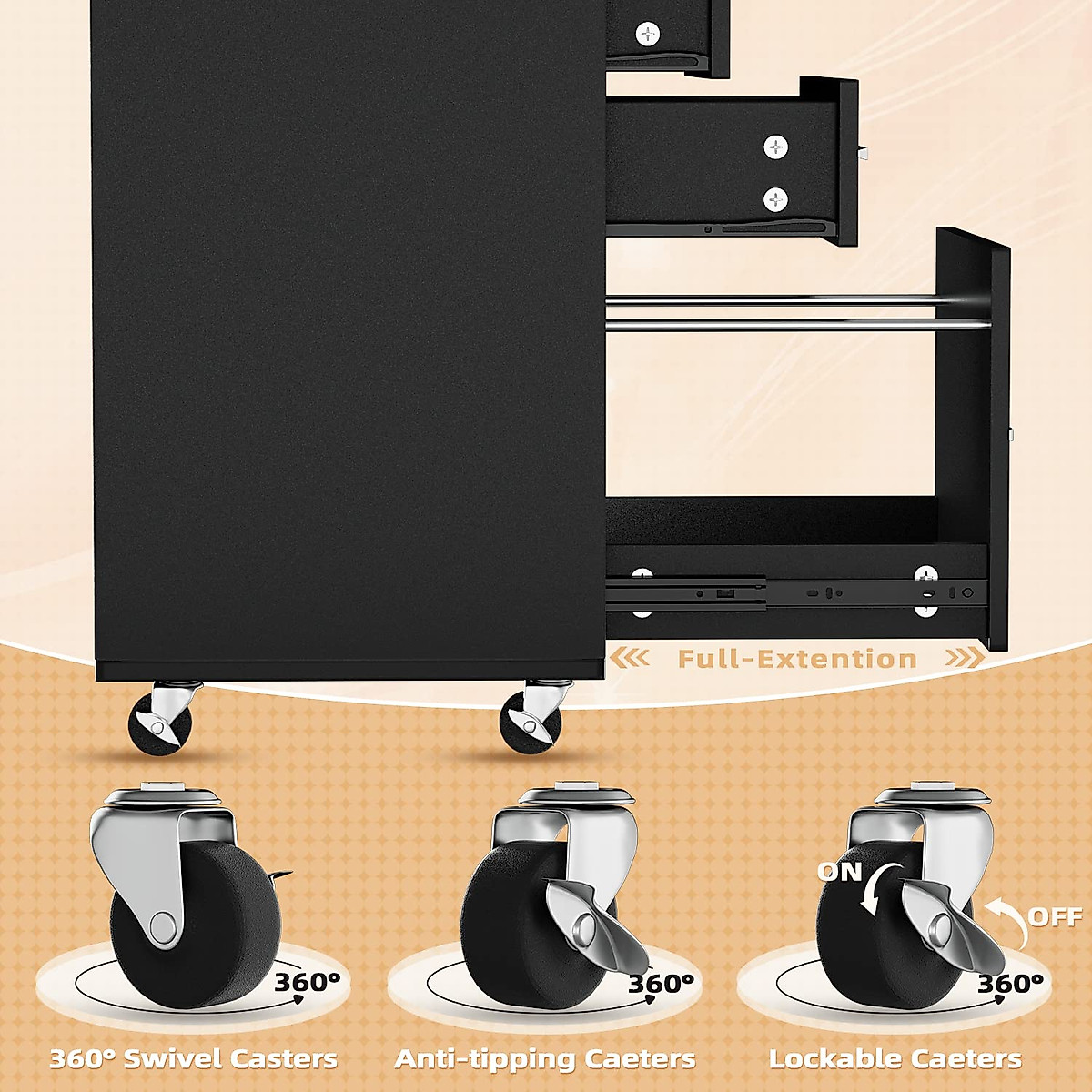 Shahoo 3 Drawer Filing Cabinet, Mobile Lateral Printer Adjustable Open Storage Shelf, Lockable Wheels for Home Office, Dark Black