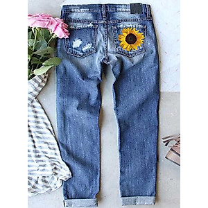 Astylish Women Stylish Destroyed Raw Hem Stretchy Mid Rise Jeans Distressed Boyfriend Ripped Hole Ankle Sunflower Denim Pants Large