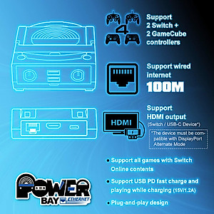 Brook Power Bay Ethernet - Portable, Fast Charging, Dock Stand, Docking Station for Nintendo Switch, Built-in Ethernet Port and GameCube Controller inputs, Supports HDMI Output, Stable Network Connect