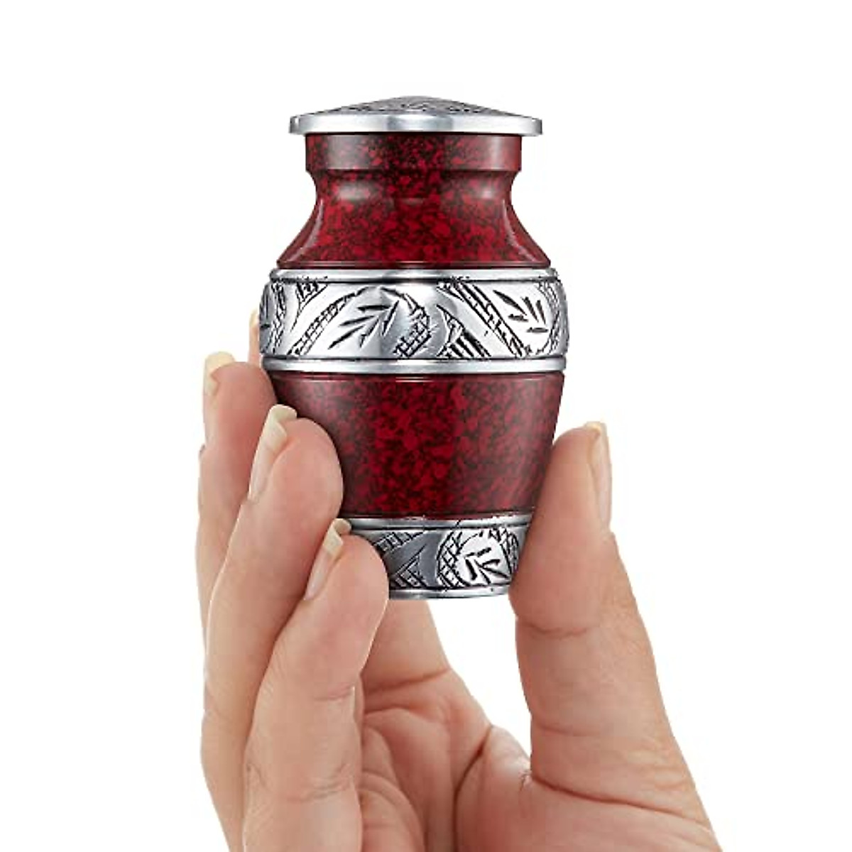 Reminded Small Cremation Keepsake Urns for Human Ashes, Set of 4 Red and Silver Miniature Urns with Velvet Case and Bags