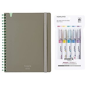 Kokuyo. Kokuyo Soft Ring Notebook in Sooofa in B6 4mm Grid 80 Sheets Warm Gray and Mark⁺ Two Colors Highlighter of Similar Shades 5-Pack (Pink,Blue,Green,Purple and Yellow) Set