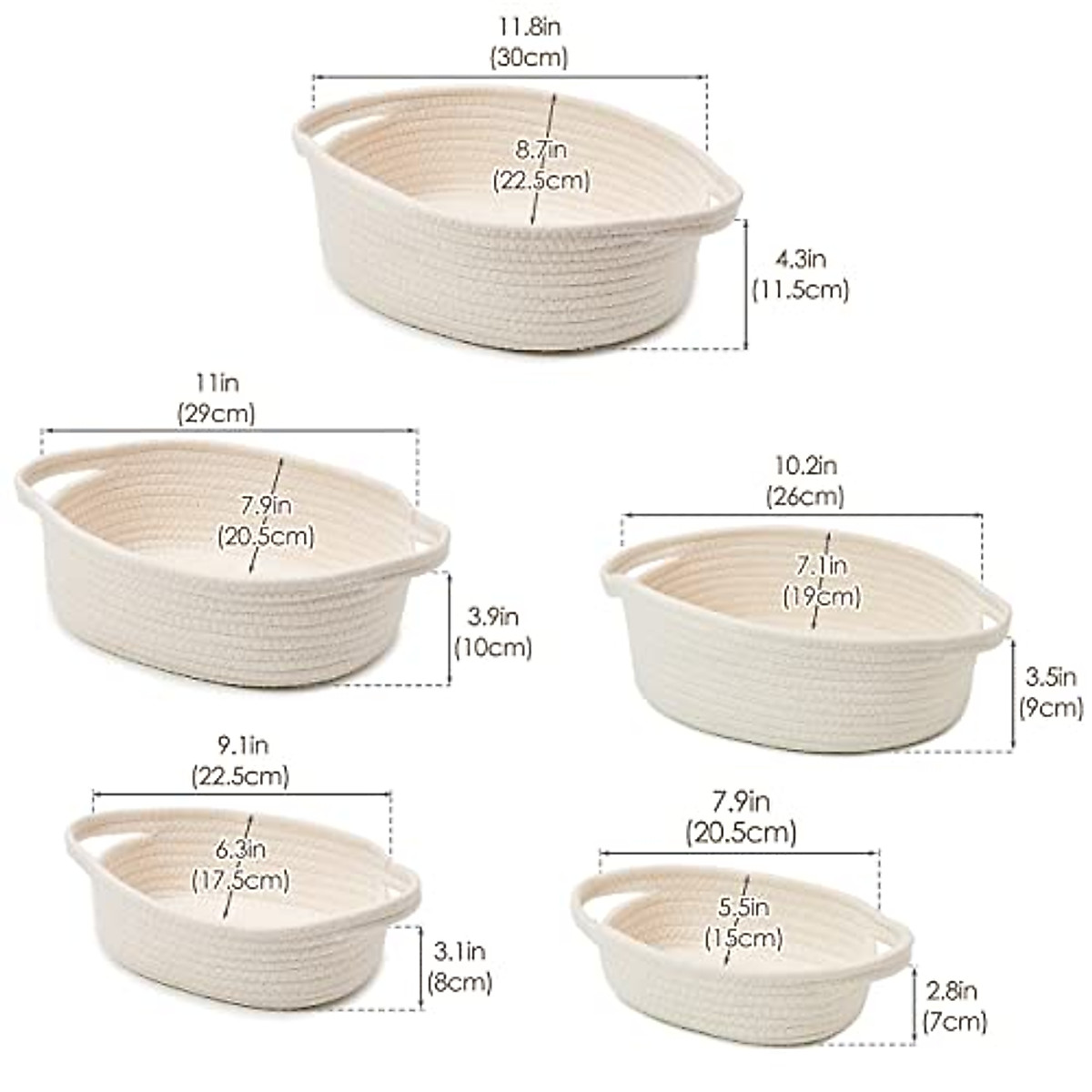 EZOWare Set of 5 Small Cotton Rope Storage Basket, Decorative Nesting Woven Round Organizer Bin with Handle for Kids Baby Closets, Room Decor, Dog Cat Toys, Towels, Gift Baskets Empty - Natural White