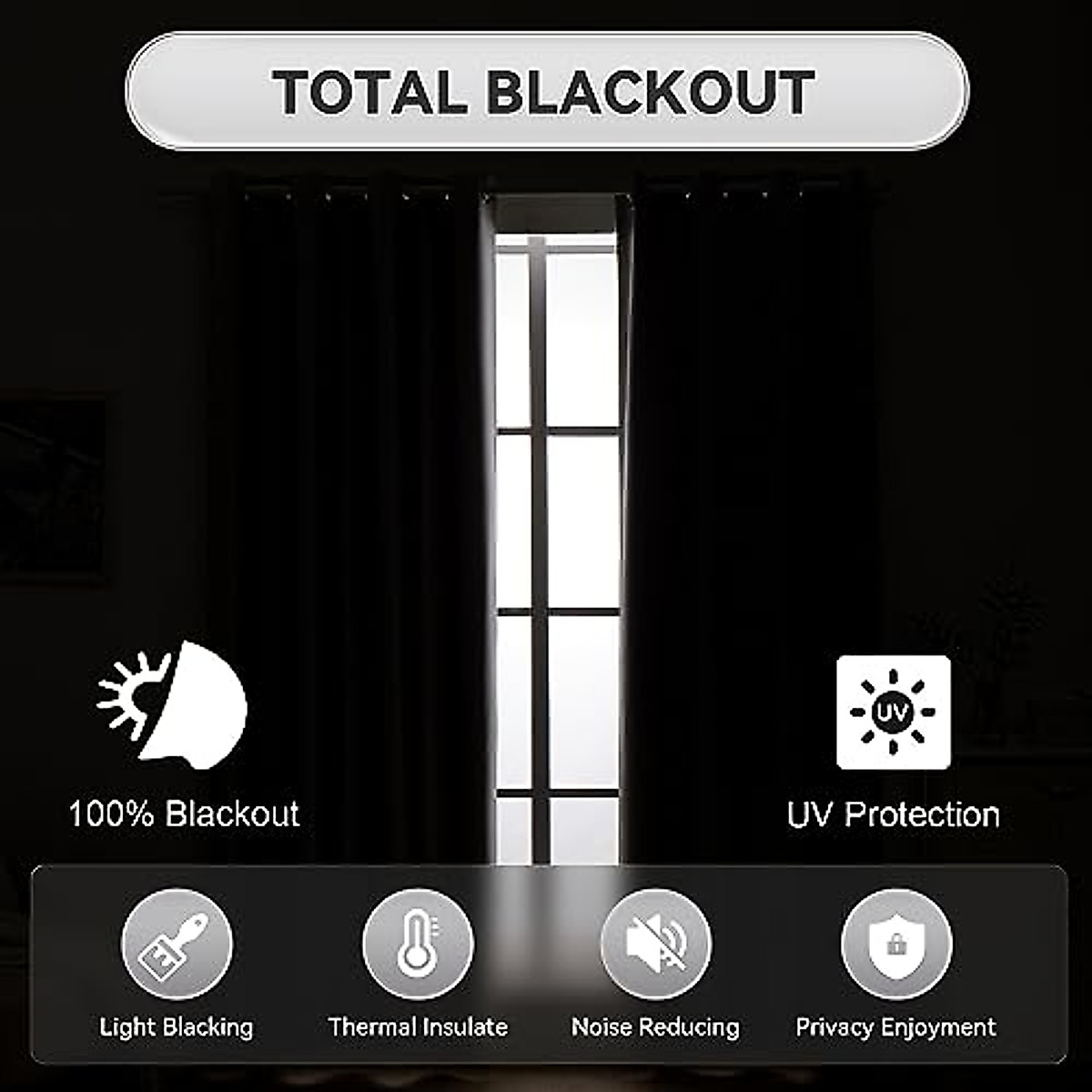 Silver 100% Blackout Curtains for Bedroom, 3 Thick Layers Thermal Insulated Black Out Window Curtains, Full Room Darkening Noise Reducing Grommet Curtains with Black Liner (52 x 63 Inch, 2 Panels)