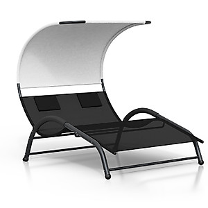 VORTEXTOVE Outdoor Hanging Curved Iron Chaise Lounge Chair for Backyard, Patio, Lawn, with Canopy and Headrest Pillows Iron Stand - Black