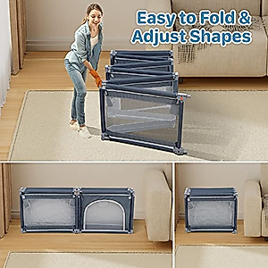 Foldable Playpen, Extra Large Baby Playpen (71×71 inch), Playpen for Babies and Toddlers with Zipper Gates, Adjustable Shape & Portable Baby Fence, Anti-Fall Baby Play Yards (Grey)