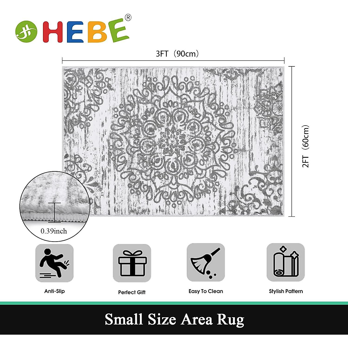 HEBE Washable Area Rug 2'x3' Non Slip Soft Distressed Medallion Bedroom Rug Boho Living Room Rug Accent Throw Rugs Vintage Entry Rug Floor Carpet for Dining Room Bathroom Entryway