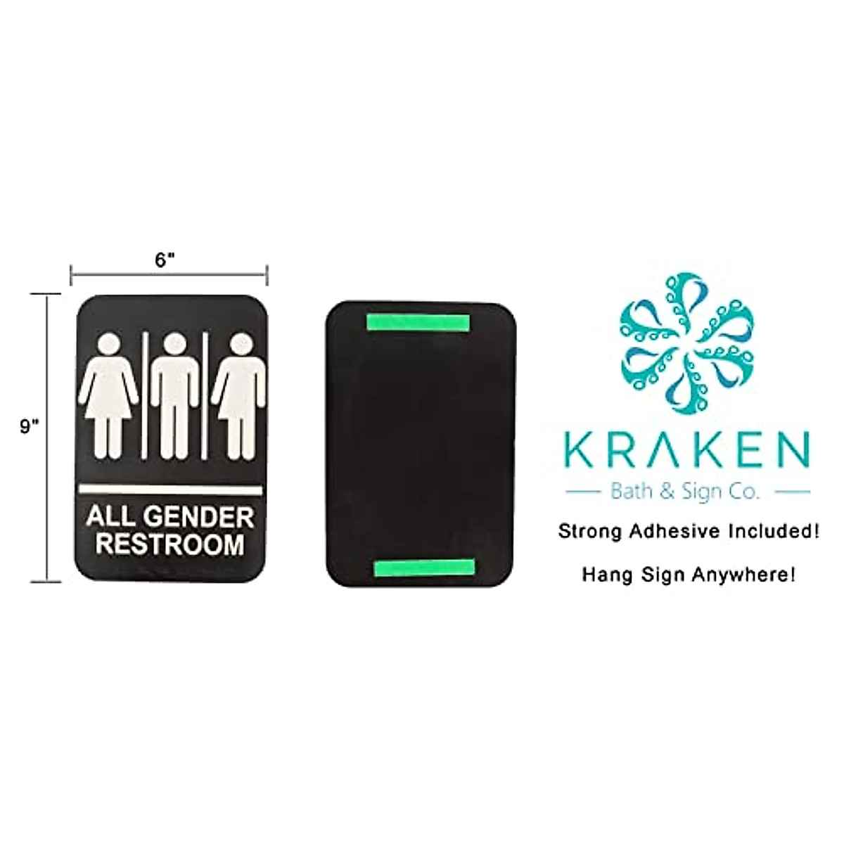Kraken Bath Co. - ADA All Gender Restroom Sign with Braille and Adhesive - 9" x 6" - Self Adhesive Included - Easy To Hang Sign For Gender Neutral Restrooms